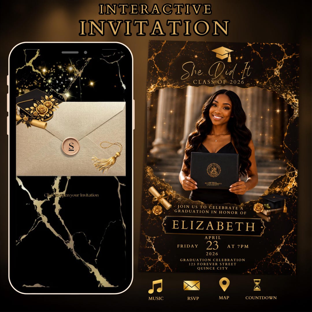 Interactive Invitation Template 2026, Black Gold Graduation Invite ...