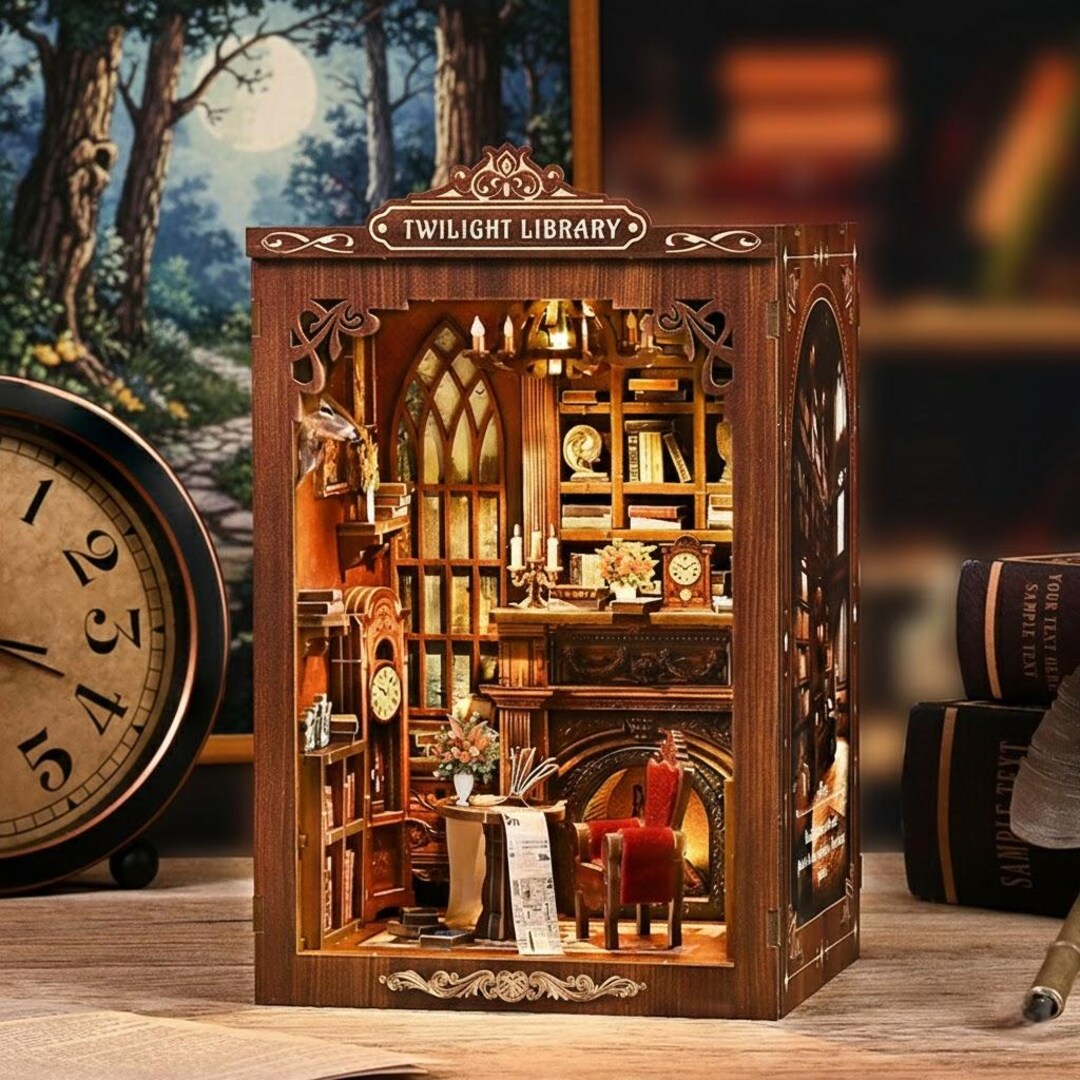 Miniature Twilight Library Book Nook DIY Kit With LED Light – Wooden 3D ...