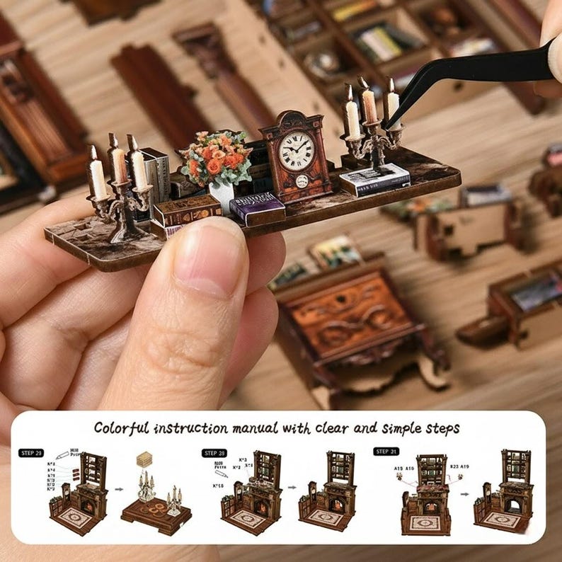 Miniature Twilight Library Book Nook DIY Kit With LED Light – Wooden 3D ...