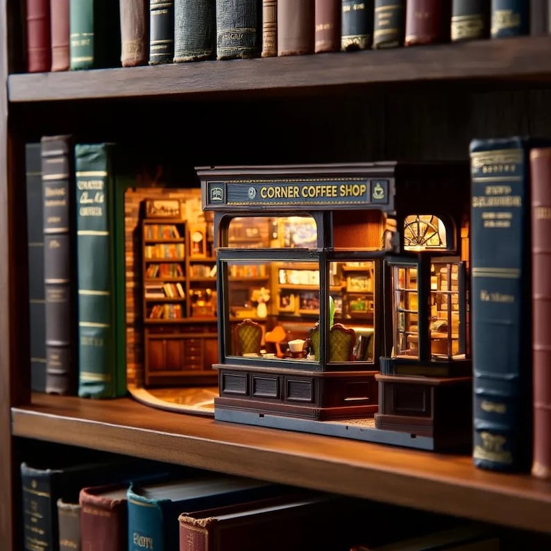 Corner Coffee Shop Book Nook DIY – 3D Wooden Puzzle Café Diorama ...