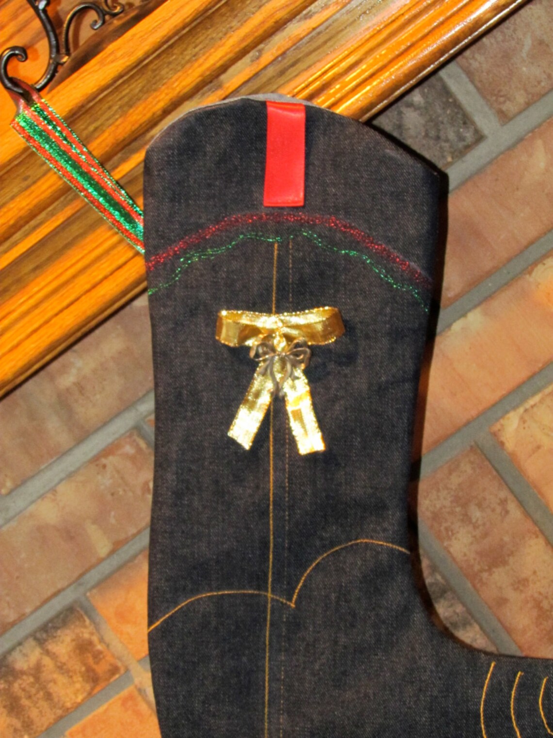 Christmas Stocking Cowboy Boot With Metal Pewter Bow - Etsy