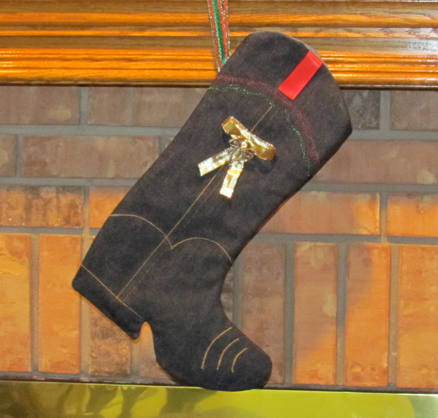 Christmas Stocking Cowboy Boot With Metal Pewter Bow - Etsy