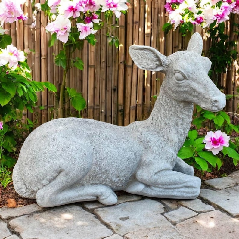 Laying Deer Stone Sculpture Concrete Fawn Large Statue Outdoor Animals ...