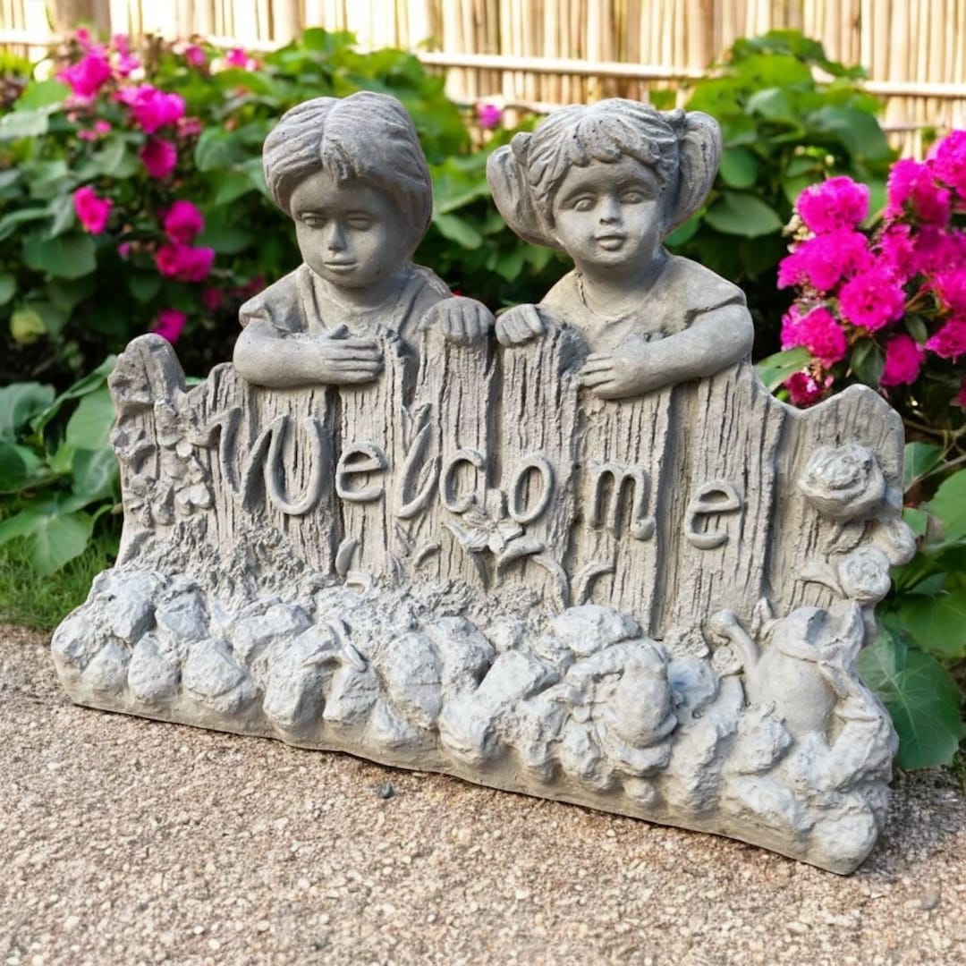 Kids Welcome Garden Statue Children by Fence Outdoor Sculpture Boy With ...