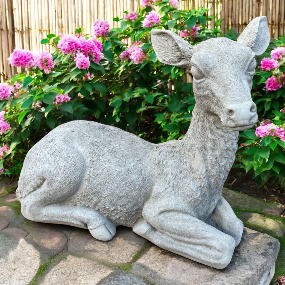 Laying Deer Stone Sculpture Concrete Fawn Large Statue Outdoor Animals ...