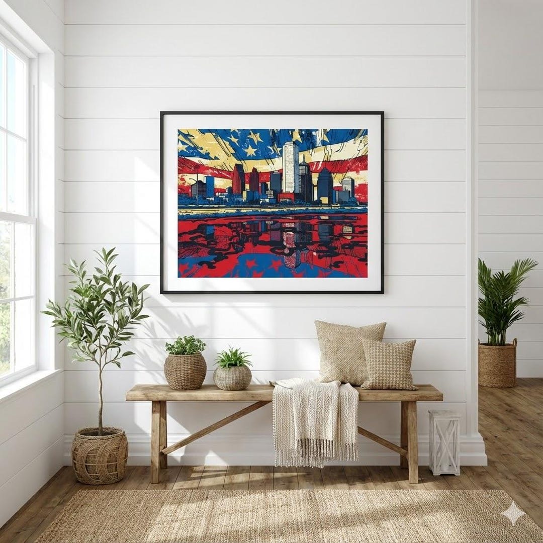 Oklahoma City Skyline Art Print With Grunge American Flag, Patriotic ...