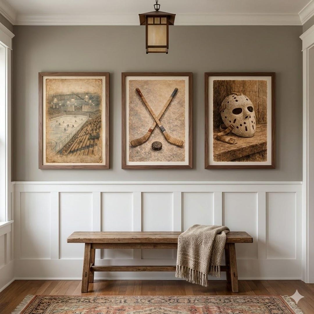 Set of 3 Vintage Ice Hockey Prints | Retro Sports Wall Art | Rustic ...