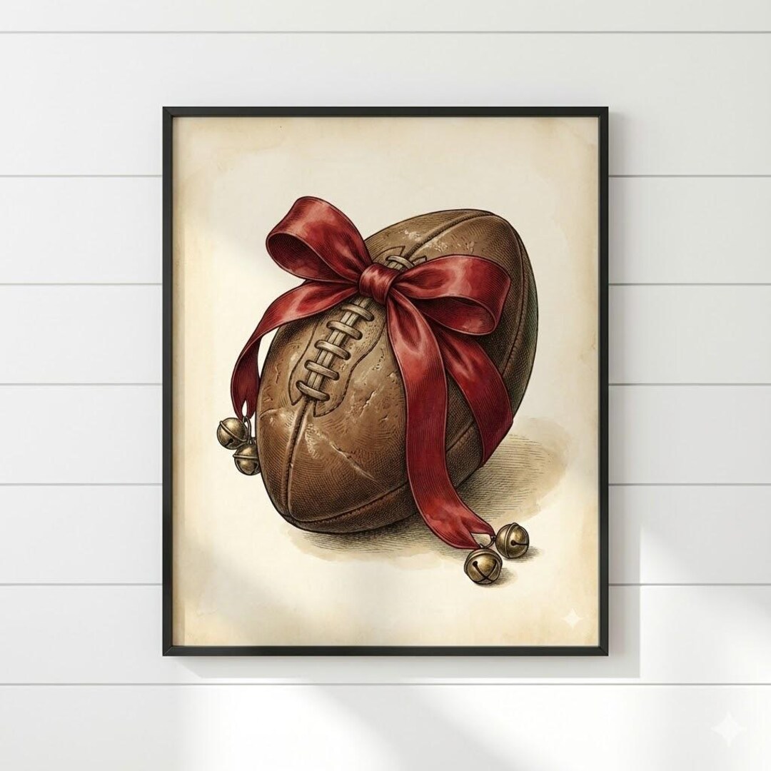 Vintage Christmas Football Wall Art Print, NFL Holiday Decor With Red ...