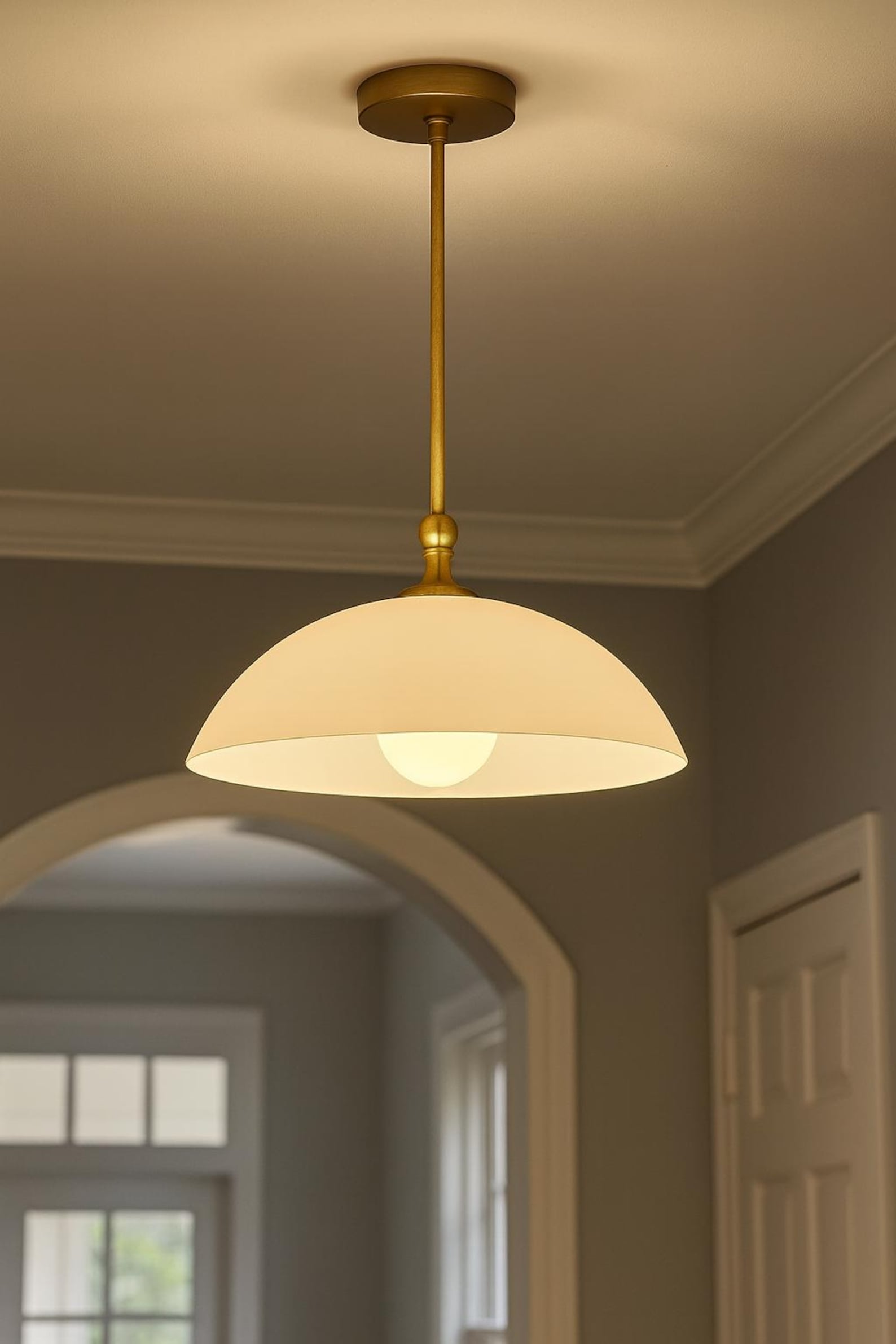 White Dome Pendant Light, Brushed Brass Hanging Ceiling Lamp, Mid ...