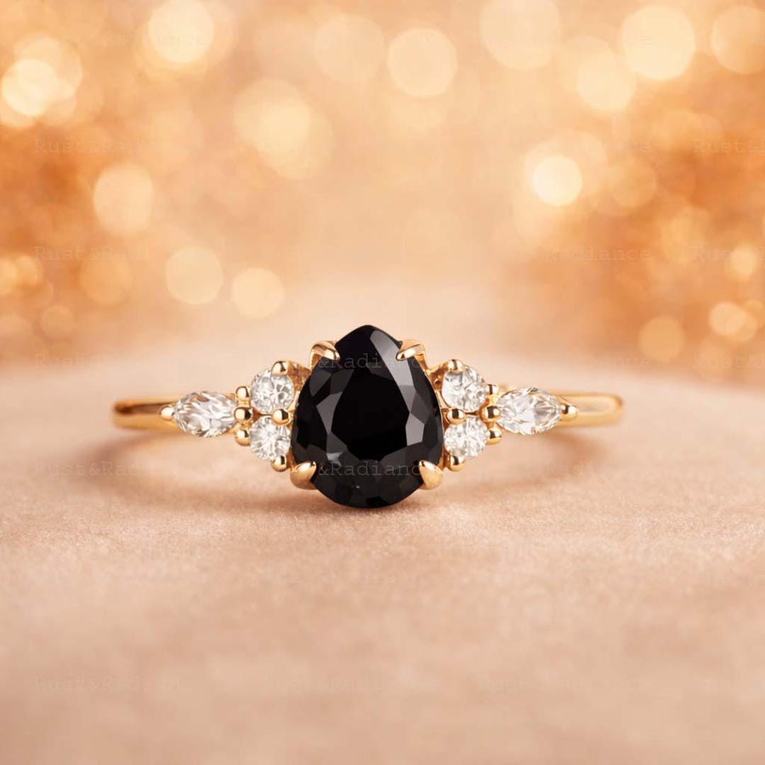 Pear Onyx Engagement Ring, Moissanite Cluster Promise Ring Minimalist ...