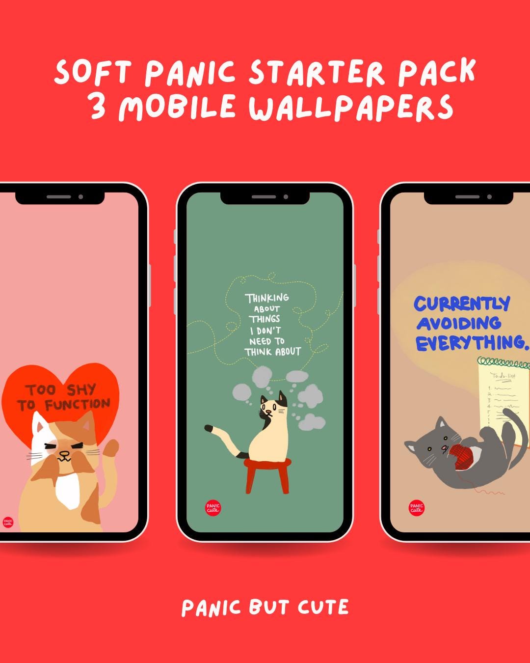 Soft Panic Cat Wallpaper Pack – 3 Cute Anxiety Cat Phone Backgrounds ...