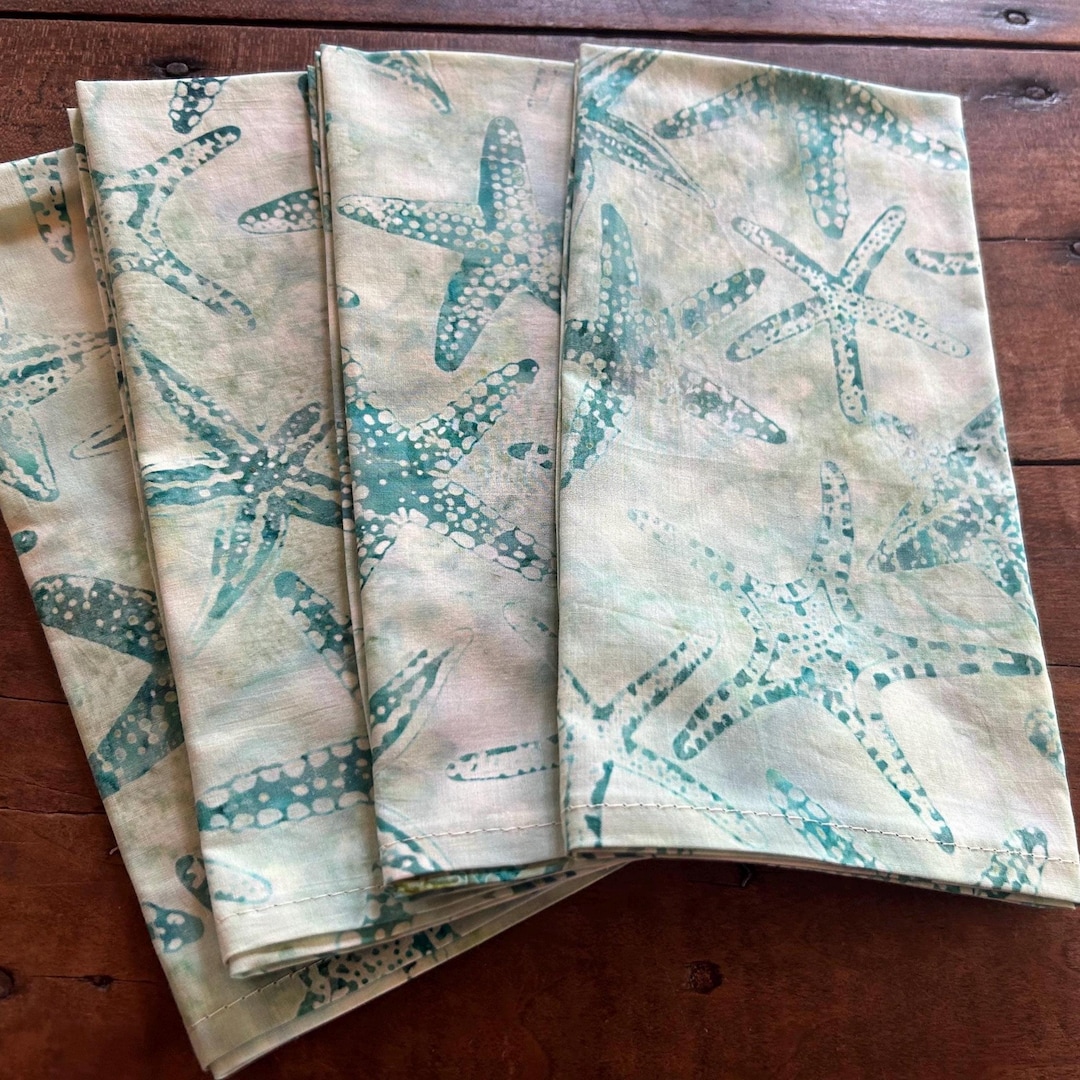 Sea Mist Green Starfish Design Batik Cloth Napkins, Beach, Nautical ...