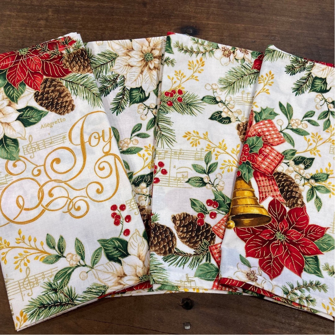 Christmas Cloth Napkins With Bells, Poinsettias, Pinecones, Ribbons ...