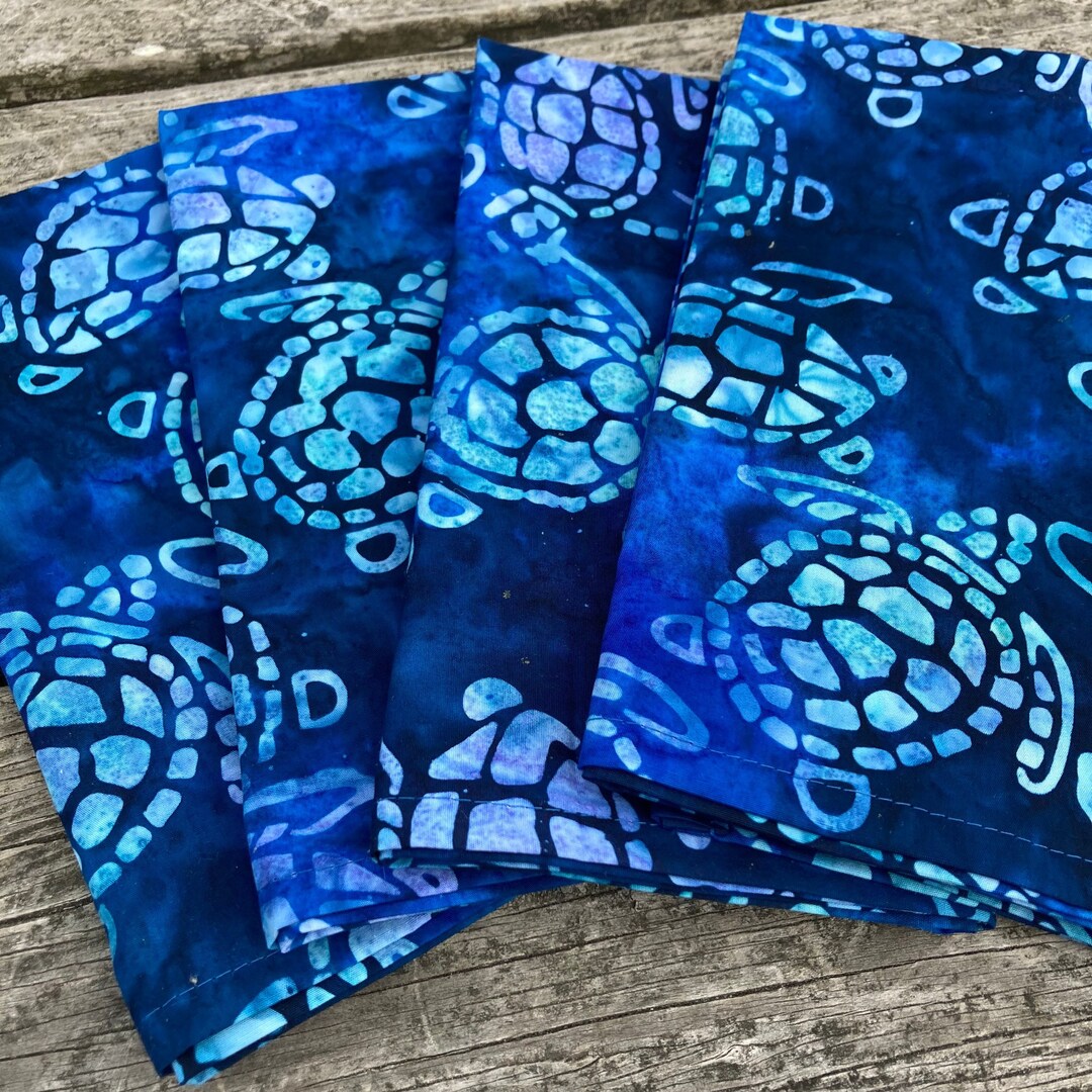 Navy Blue Sea Turtle Print Batik Cloth Dinner Napkins, Coastal Inspired ...