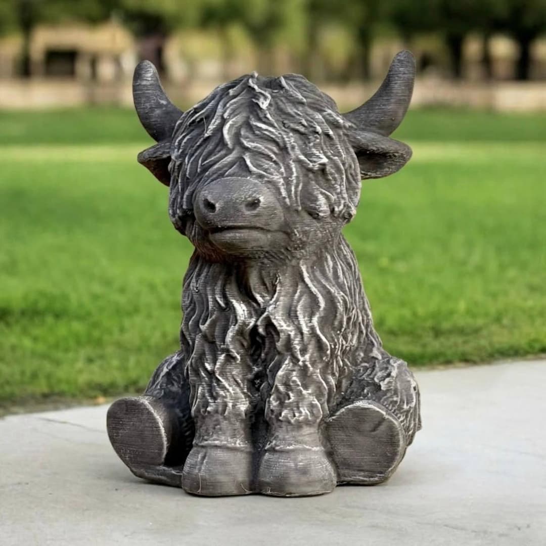 Concrete Highland Cow Statue Stone Calf Garden Sculpture Outdoor Decor ...