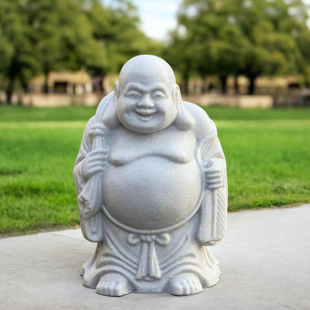 Concrete Smiling Buddha Statue Stone Joyful Monk Figurine Outdoor Zen ...