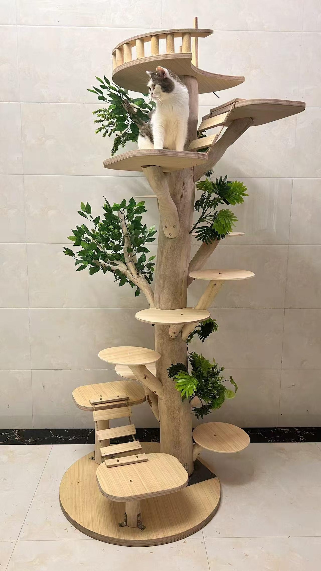 Natural Wooden Cat Tree Tower – Real Wood Climbing Treehouse for Cats ...