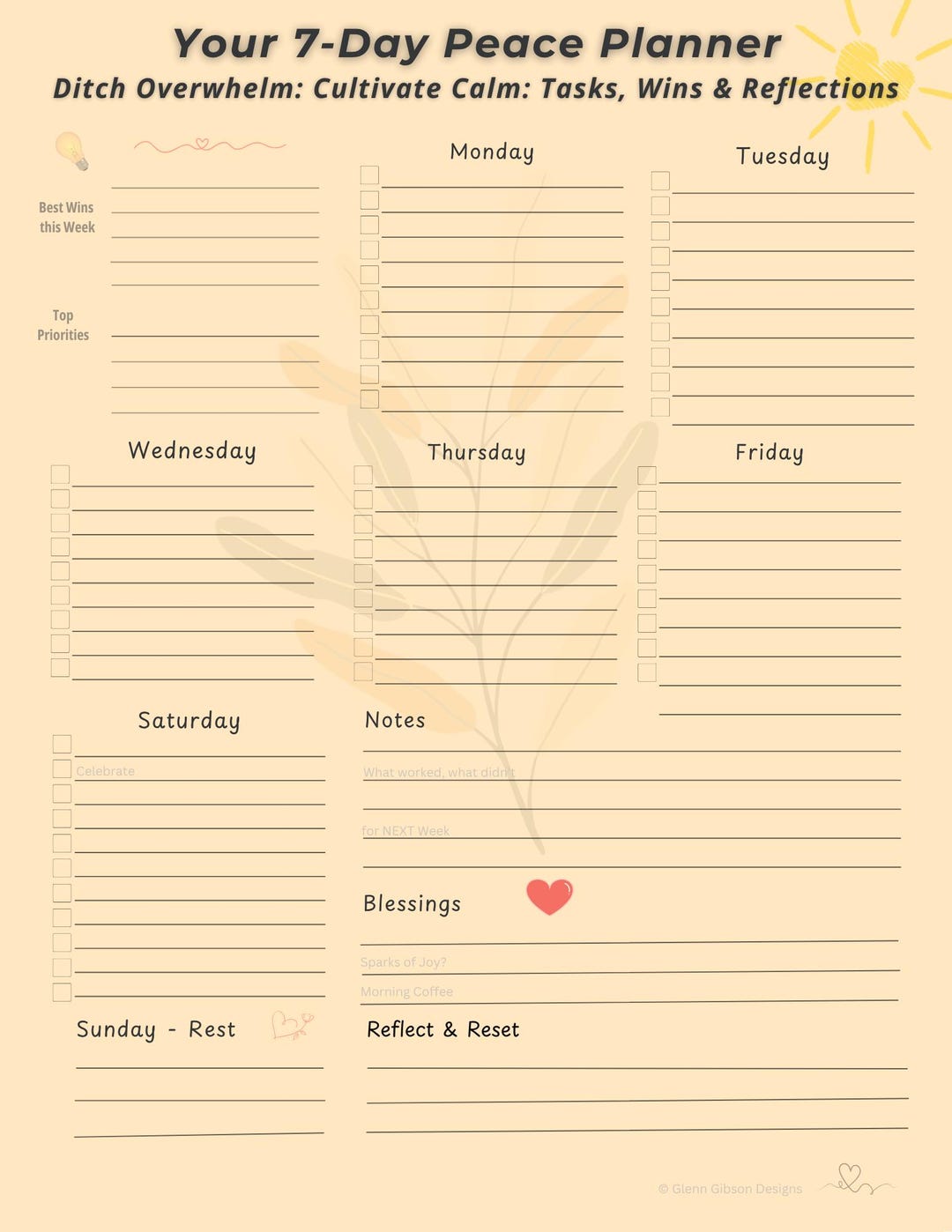 Cultivate Calm Weekly Planner Printable | Undated Tasks Wins Reflection ...