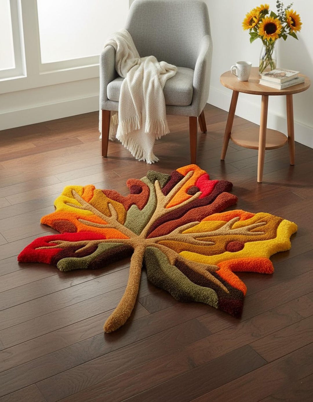 Autumn Leaf Shaped Area Rug, Handmade Fall Decor Rug, Colorful Maple ...