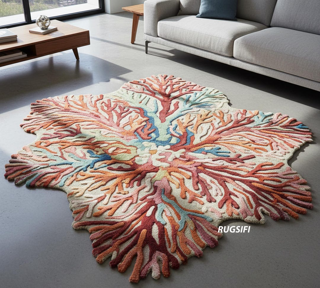 Handmade Coral Wool Area Rug | Coastal Boho Living Room Decor - Etsy
