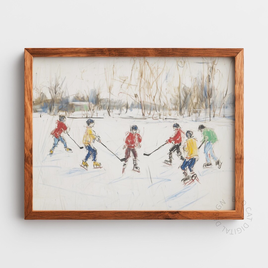 Printable Vintage Winter Scene - Children Ice Hockey on Icy Pond, Cozy ...