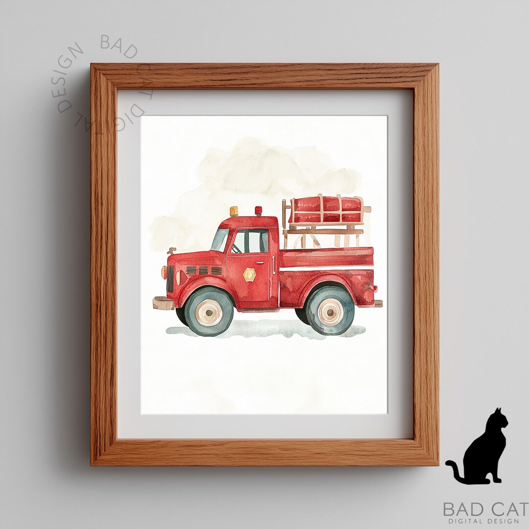 Watercolor Fire Truck Nursery Wall Art Printable, Cute Vehicle Art for ...
