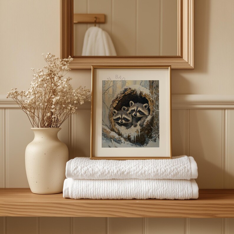 Rustic Woodland Raccoons Winter Scene - Cute Snowy Forest Family, Cozy ...