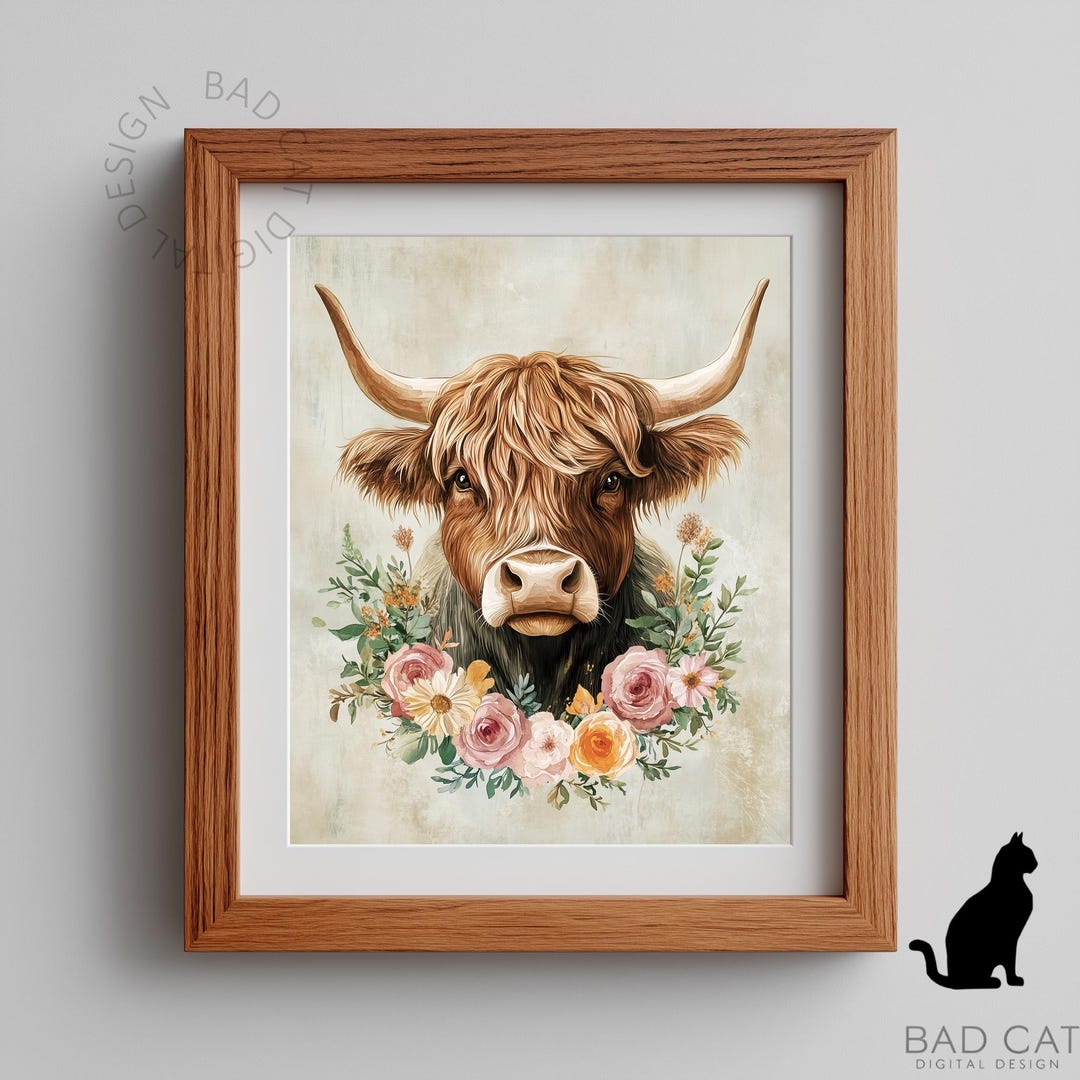 Rustic Highland Cow Watercolor - Cottagecore Farmhouse Decor, Pastel ...