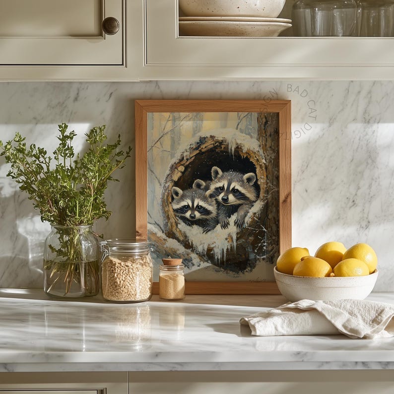 Rustic Woodland Raccoons Winter Scene - Cute Snowy Forest Family, Cozy ...