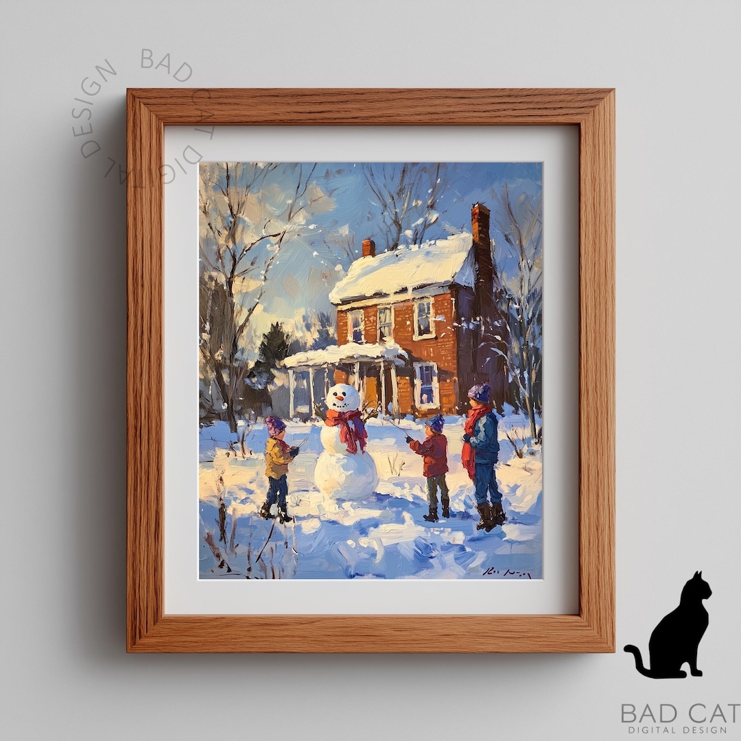 Classic Winter Scene With Children & Snowman - Cozy Vintage Painting ...