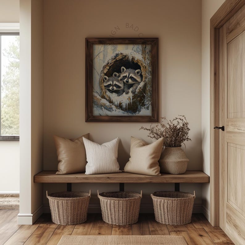 Rustic Woodland Raccoons Winter Scene - Cute Snowy Forest Family, Cozy ...