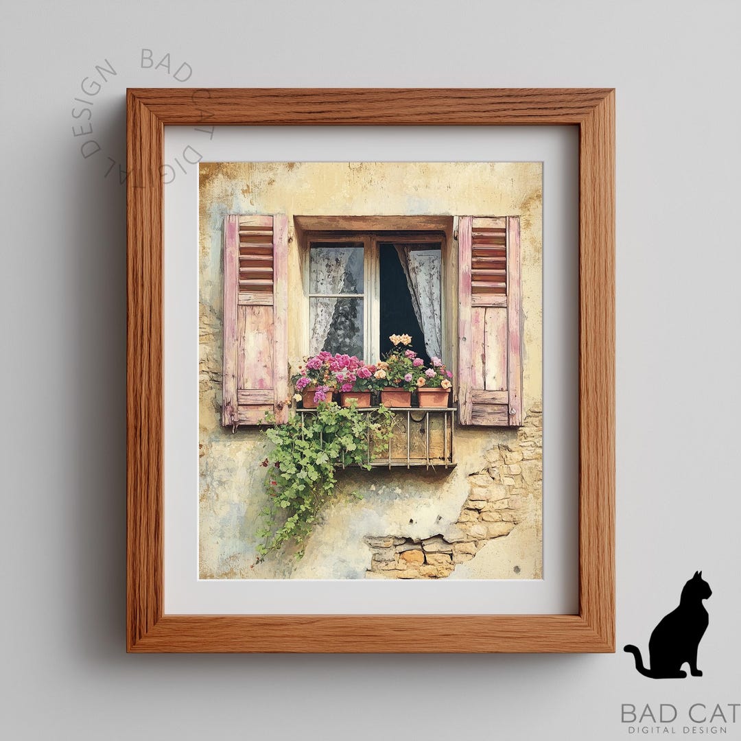 Vintage Cottagecore Window With Flower Boxes - Rustic Shutters, Ivy ...