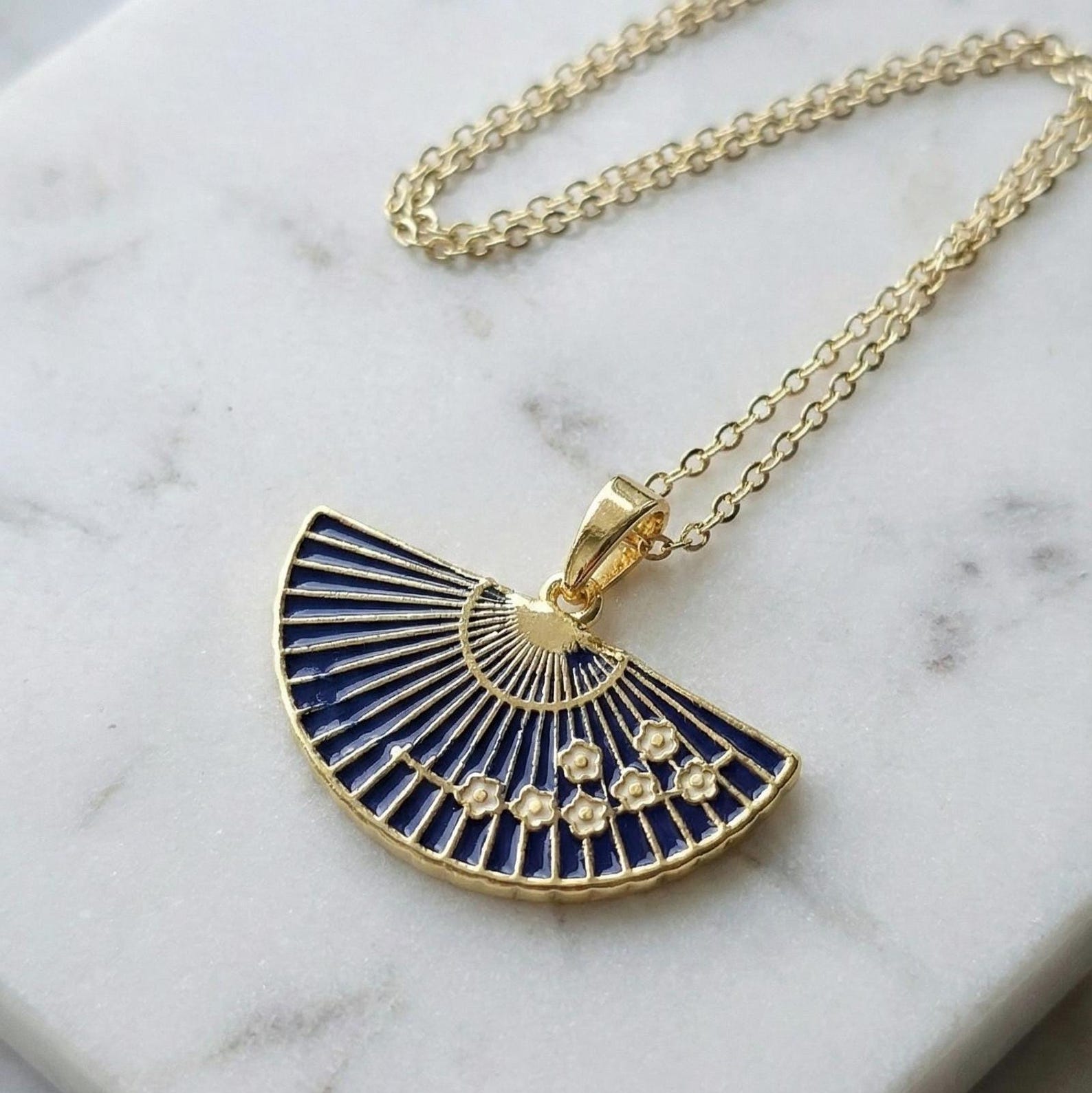 Stainless Steel Fan Necklace | Blue Sakura Flower | Japanese Style ...