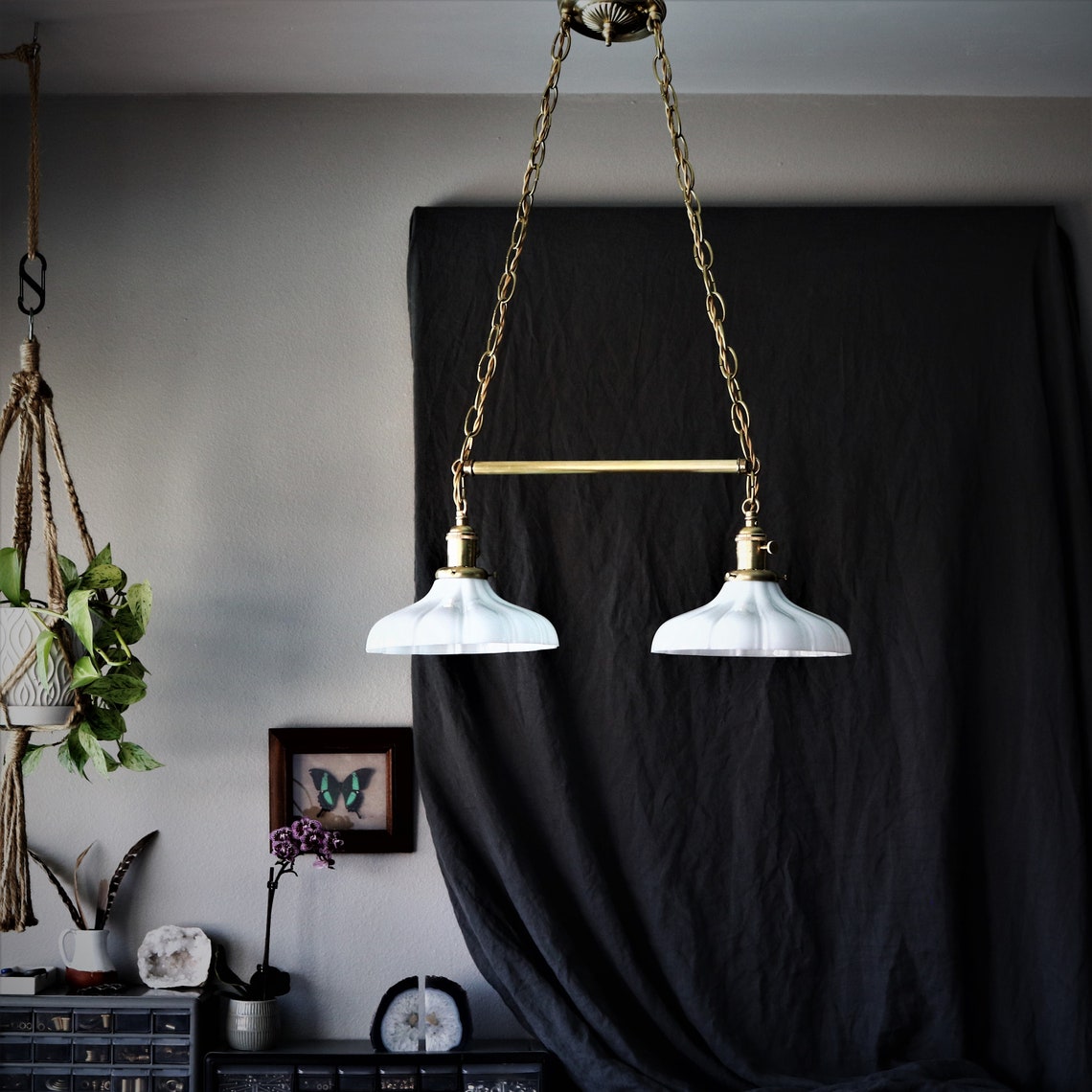 Double Sheffield Glass Shade Pendant With Chain and Crossbar in Hand ...