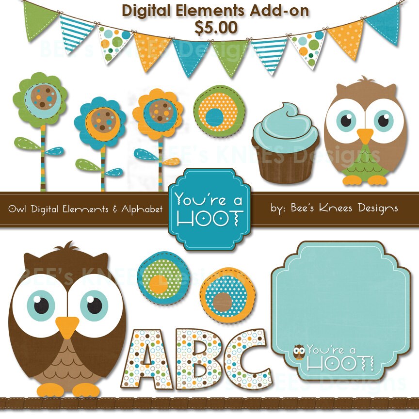 Owl Digital Paper Pack Green Orange Brown Turquoise Baby Boy - Instant ...