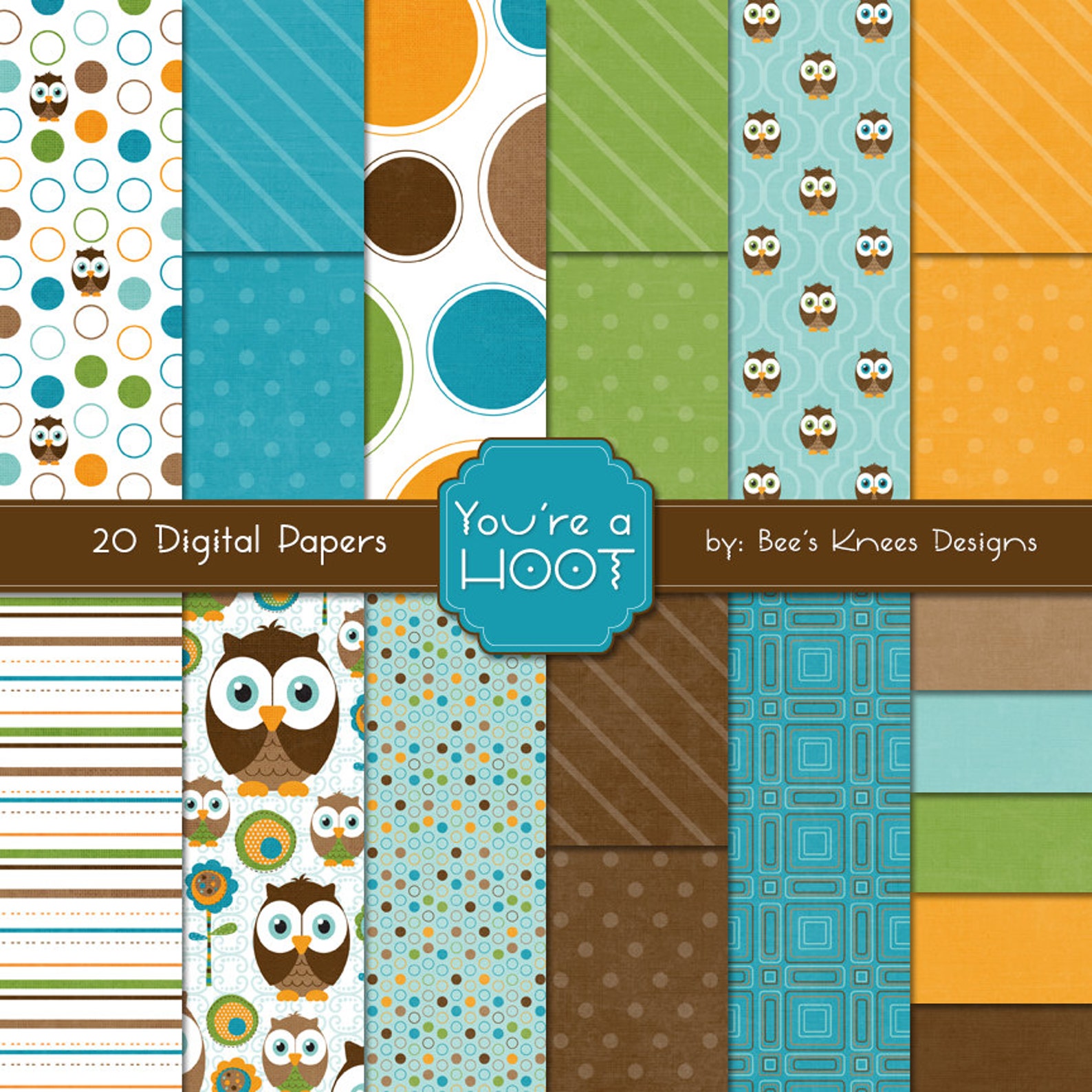 Owl Digital Paper Pack Green Orange Brown Turquoise Baby Boy Instant ...