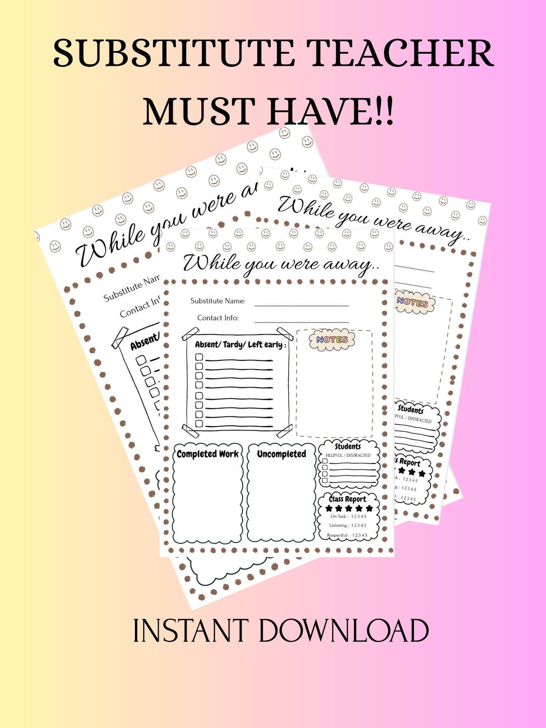 Substitute Teacher Report Template: Classroom Management (printable PDF ...