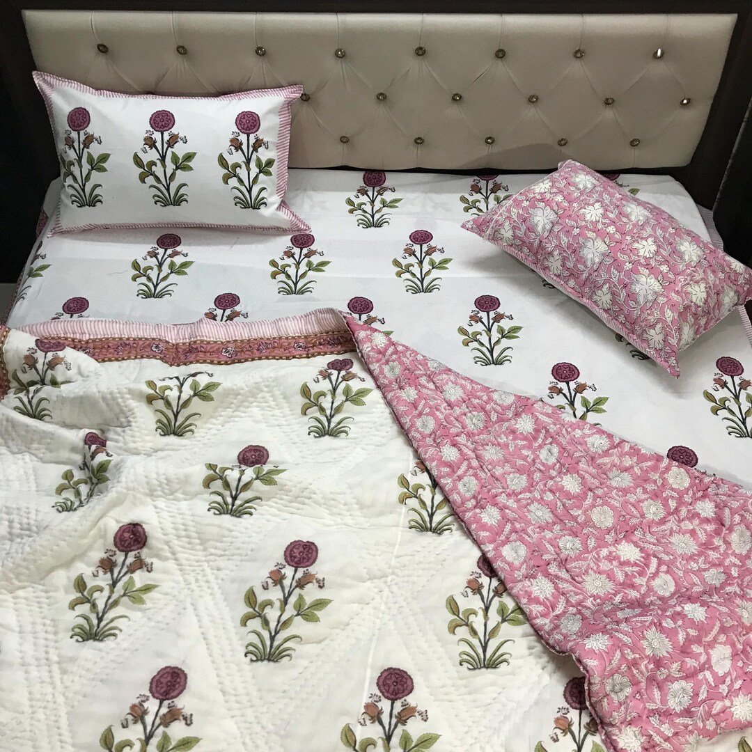 Pink Floral Hand Block Print Cotton Comforter Set | Reversible Quilted ...