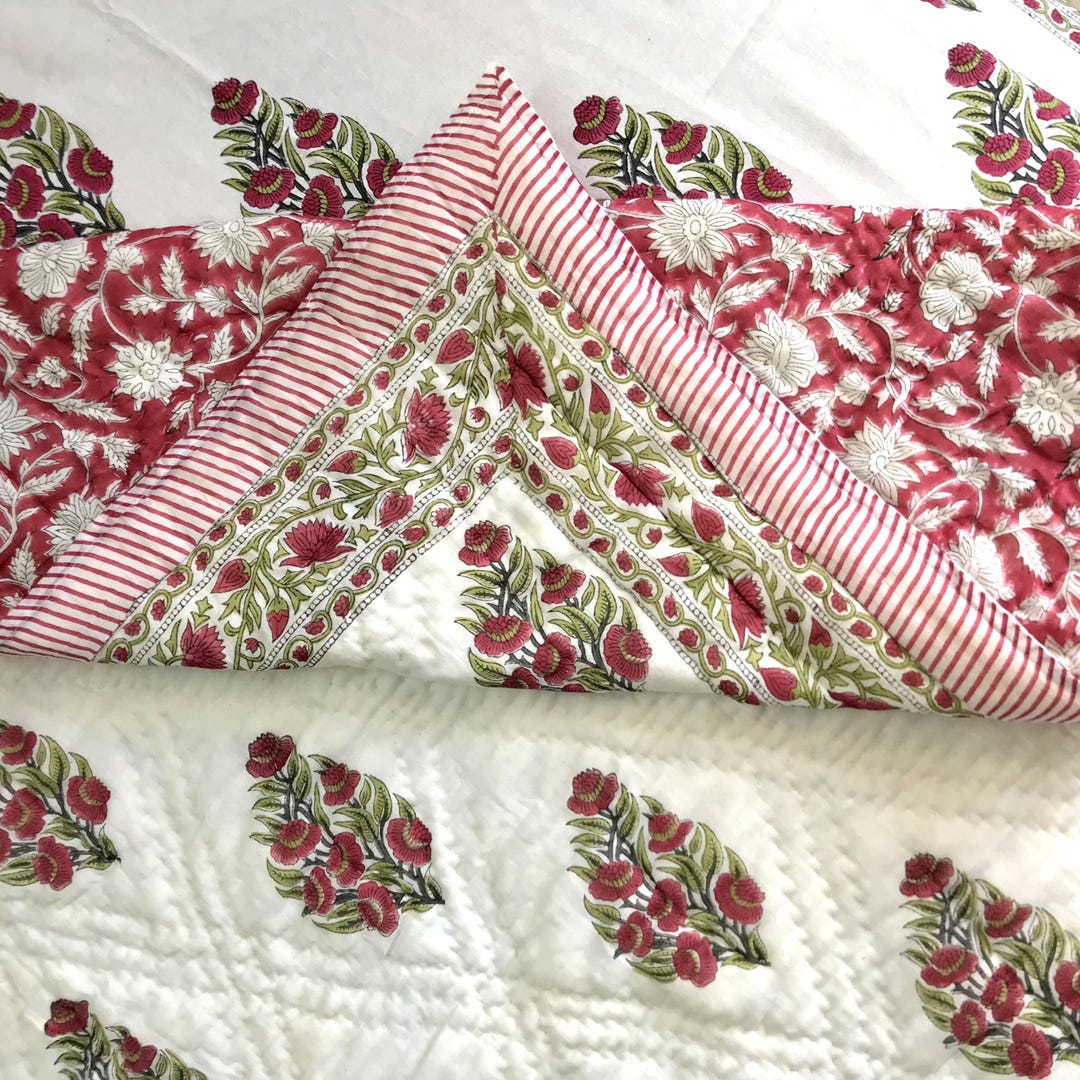 Red Floral Block Printed Cotton Quilt, Cotton Quilt, Boho Home Decor ...