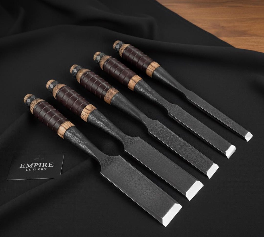 Hand Forged Beveled Edge Chisel Set – 52100 Carbon Steel, Leather ...
