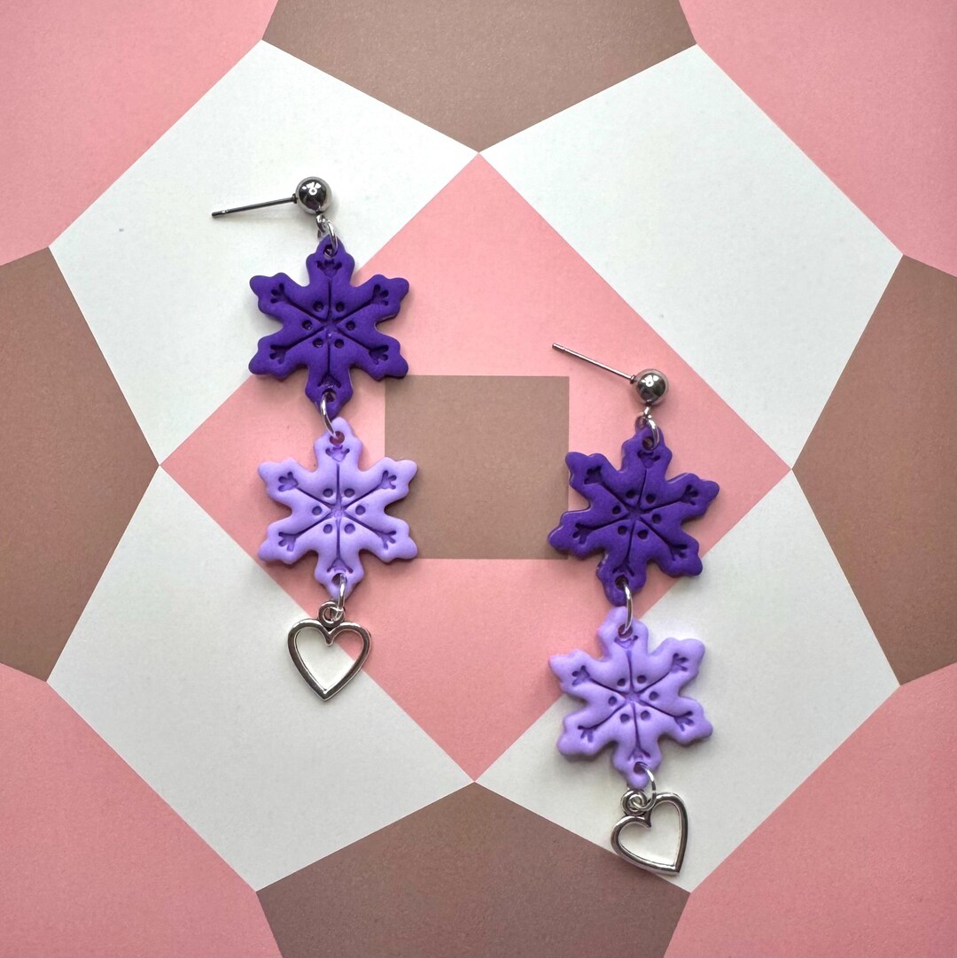 Purple Winter Snowflake Dangle Earrings With Heart Charm - Violet Snow ...