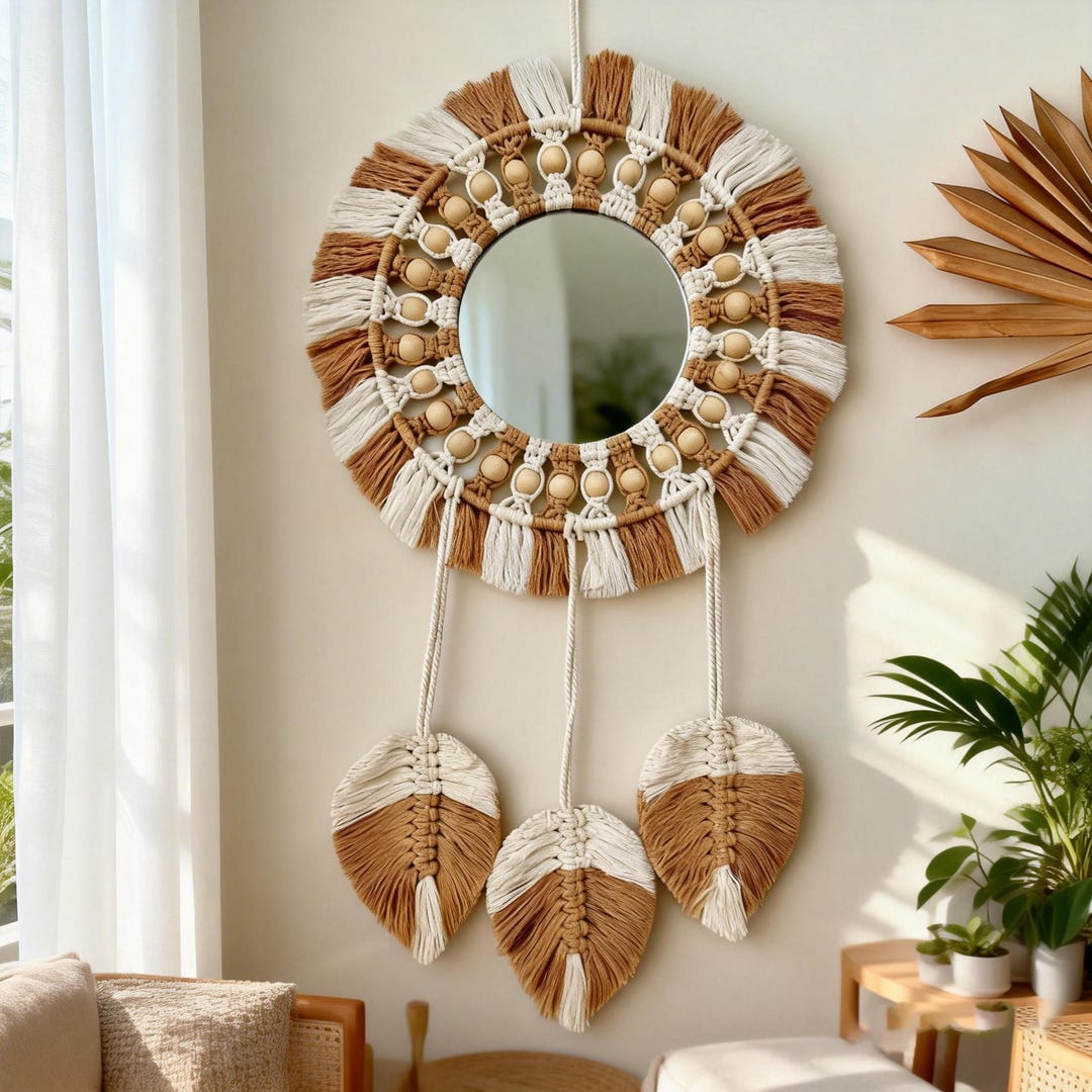 Handwoven Macrame Mirror Frame, Two-tone Leaf Tassel Decor, Bohemian ...