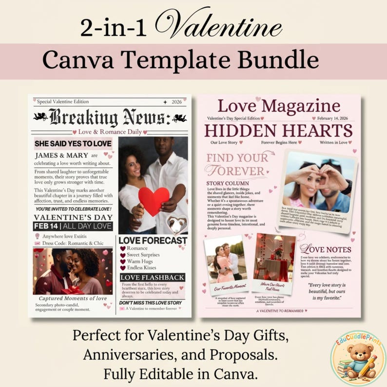 Valentine Newspaper & Magazine Template Bundle (canva Editable ...