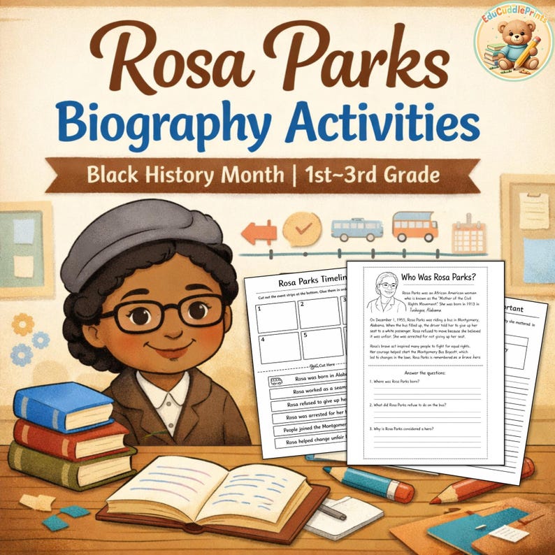 Rosa Parks Biography Activities, Black History Month, Grades 1-3 ...