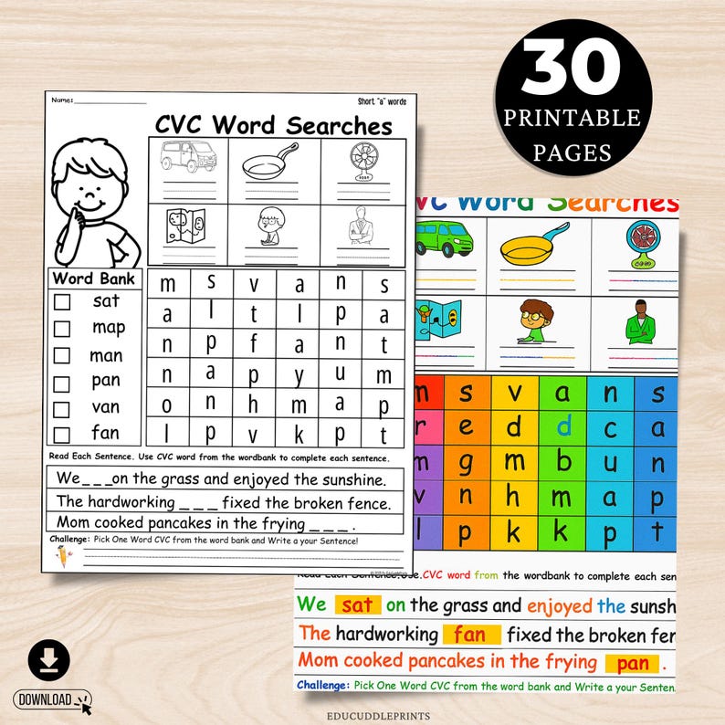 CVC Word Search | Kindergarten Phonics Worksheets (PDF) - Etsy