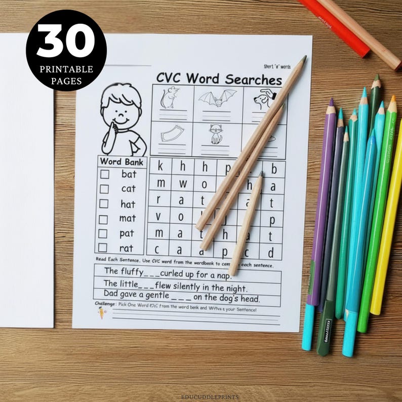 CVC Word Search | Kindergarten Phonics Worksheets (PDF) - Etsy