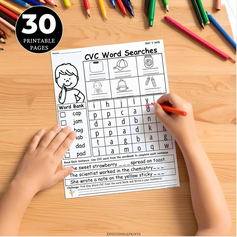 CVC Word Search Worksheets, Short Vowel Word Activities, Kindergarten ...