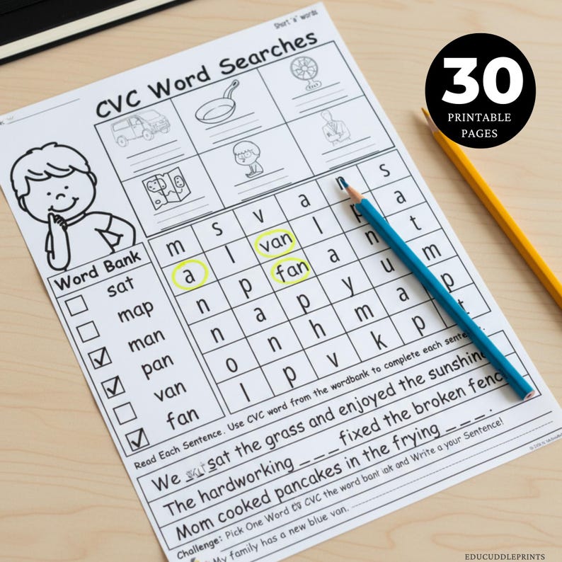CVC Word Search Worksheets | Short Vowel Word Activities | Kindergarten ...