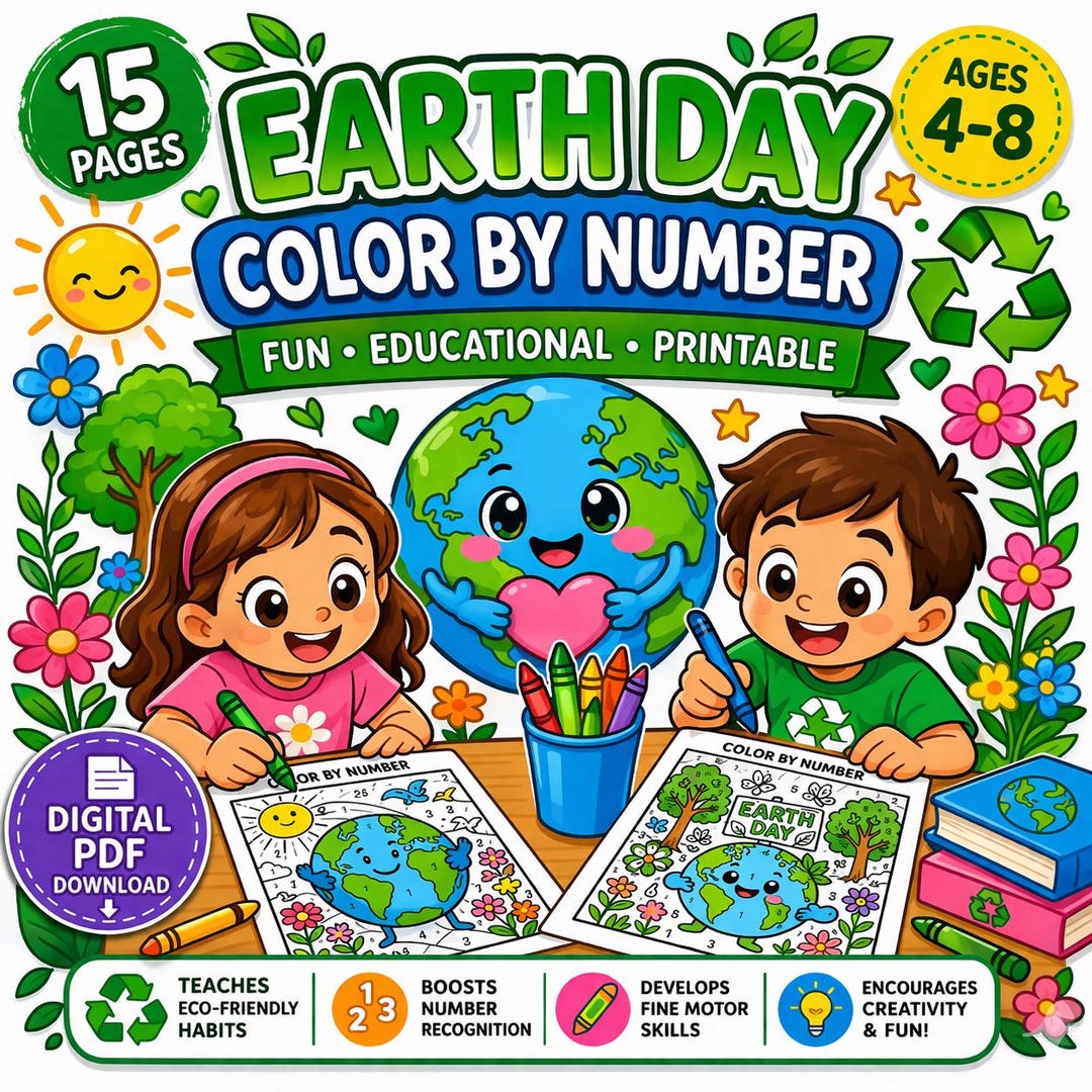 Earth Day Color by Number for Kids | Printable Coloring Activity | 15 ...