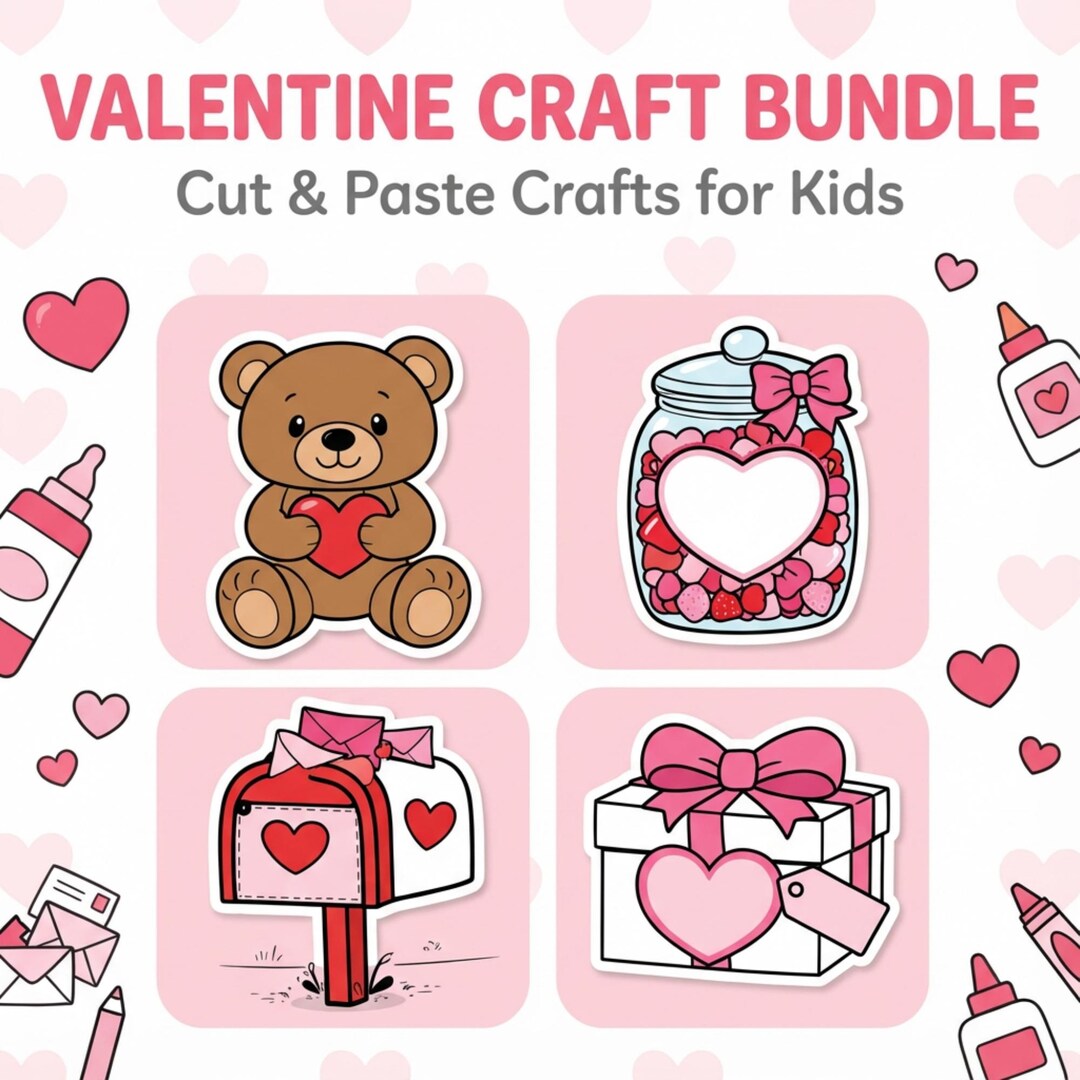 Valentine Craft Bundle for Kids, Cut and Paste Valentine Activities ...
